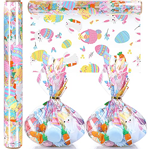 Easter Cellophane Wrapping Paper 100 ft x 16 Inch 2.5 Mil Thick Cello Wrap Roll Crystal Clear Easter Themed Paper Wrapper Colored Bunny Egg Cellophane Gift Wrap for Small Baskets Treats Craft Flowers