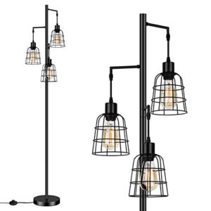 industrial 3-light tree floor lamp with cup-shaped cages farmhouse rustic tall standing lamp for living room vintage elegant black pole light with edison e26 base metal shade for bedroom office hotel