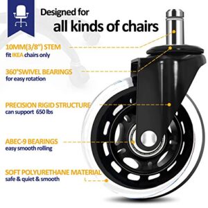 Office Chair Wheels Compatible with IKEA Chairs,10mm Stem (Set of 5), 3" Heavy Duty Replacement Swivel Rubber Casters Quiet & Smooth Rolling Compatible with IKEA Chair Casters, Protection for Floors.