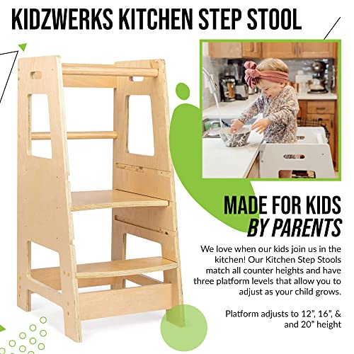 KidzWerks Child Standing Tower, Wood Step Stools for Kids, Toddler Step Stool for Kitchen Counter, The Original Kitchen Stepping Stool, Adjustable Platform, Natural Wood