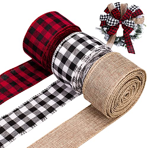 Whaline 3 Rolls Wired Edge Ribbons, 30 Yards x 2 Inches Black Red Plaid Ribbon, Black White Buffalo Plaid Ribbon and Burlap Craft Ribbon for DIY Gift Wrapping, Christmas Fall Crafts Decoration