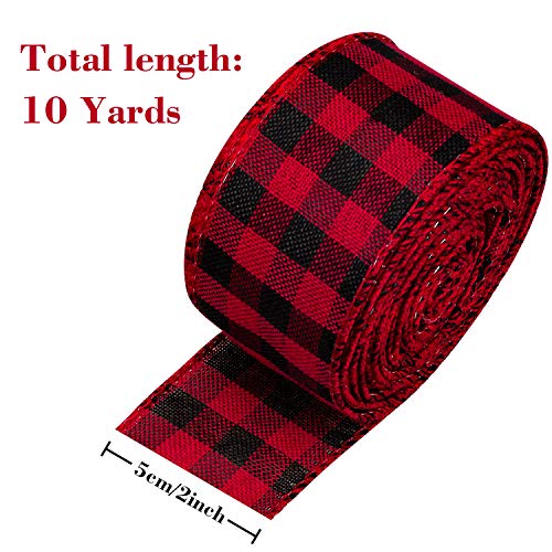 Whaline 3 Rolls Wired Edge Ribbons, 30 Yards x 2 Inches Black Red Plaid Ribbon, Black White Buffalo Plaid Ribbon and Burlap Craft Ribbon for DIY Gift Wrapping, Christmas Fall Crafts Decoration