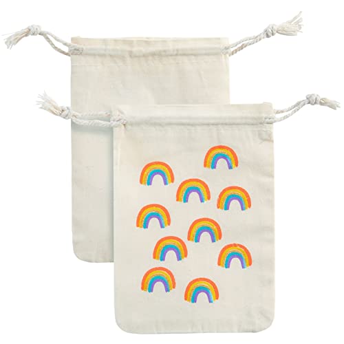 Party Favor Bags - 12-Pack Rainbow Party Favor Bags - Mini Canvas Drawstring Treat Gift Pouches, Rainbow Party Supplies | Kids Birthdays, Unicorn Parties, Rainbows with Gold Glitter, 4 x 6 Inches