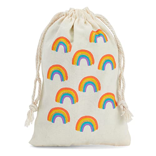 Party Favor Bags - 12-Pack Rainbow Party Favor Bags - Mini Canvas Drawstring Treat Gift Pouches, Rainbow Party Supplies | Kids Birthdays, Unicorn Parties, Rainbows with Gold Glitter, 4 x 6 Inches