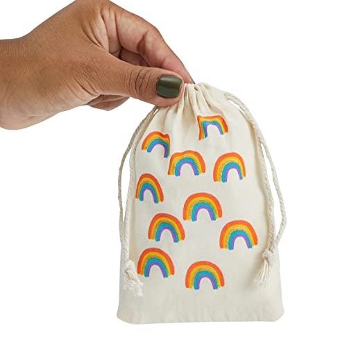 Party Favor Bags - 12-Pack Rainbow Party Favor Bags - Mini Canvas Drawstring Treat Gift Pouches, Rainbow Party Supplies | Kids Birthdays, Unicorn Parties, Rainbows with Gold Glitter, 4 x 6 Inches