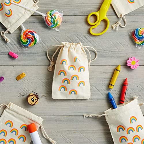 Party Favor Bags - 12-Pack Rainbow Party Favor Bags - Mini Canvas Drawstring Treat Gift Pouches, Rainbow Party Supplies | Kids Birthdays, Unicorn Parties, Rainbows with Gold Glitter, 4 x 6 Inches