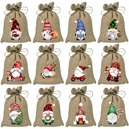 BORAMDO Christmas Burlap Gift Bags with Drawstrings 24Pcs, Watercolor 12 Designs Christmas Gnomes Linen Wrapping Bags, Small Christmas Treat Candy Bags for Holiday Party Favor Supplies…