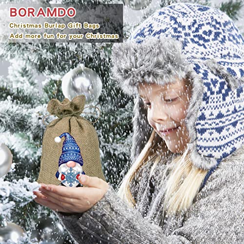 BORAMDO Christmas Burlap Gift Bags with Drawstrings 24Pcs, Watercolor 12 Designs Christmas Gnomes Linen Wrapping Bags, Small Christmas Treat Candy Bags for Holiday Party Favor Supplies…