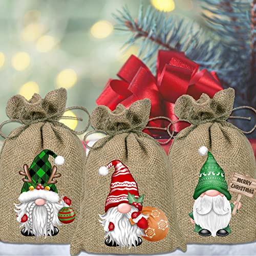 BORAMDO Christmas Burlap Gift Bags with Drawstrings 24Pcs, Watercolor 12 Designs Christmas Gnomes Linen Wrapping Bags, Small Christmas Treat Candy Bags for Holiday Party Favor Supplies…