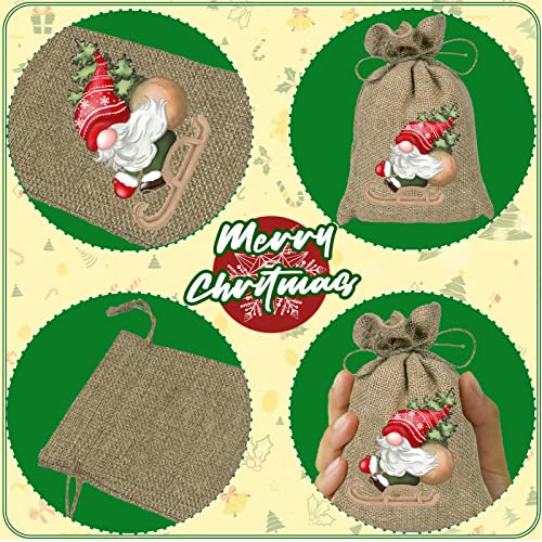 BORAMDO Christmas Burlap Gift Bags with Drawstrings 24Pcs, Watercolor 12 Designs Christmas Gnomes Linen Wrapping Bags, Small Christmas Treat Candy Bags for Holiday Party Favor Supplies…