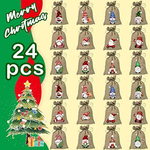 BORAMDO Christmas Burlap Gift Bags with Drawstrings 24Pcs, Watercolor 12 Designs Christmas Gnomes Linen Wrapping Bags, Small Christmas Treat Candy Bags for Holiday Party Favor Supplies…