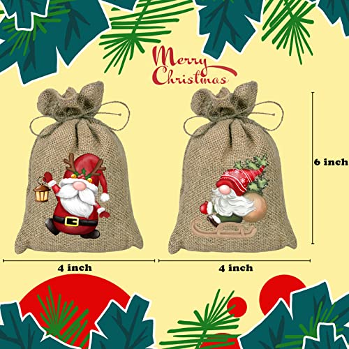 BORAMDO Christmas Burlap Gift Bags with Drawstrings 24Pcs, Watercolor 12 Designs Christmas Gnomes Linen Wrapping Bags, Small Christmas Treat Candy Bags for Holiday Party Favor Supplies…