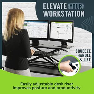 TechOrbits Standing Desk Converter - Particle Board, Adjustable Height Sit to Stand Up Desk Riser for Home Office - Computer, Laptop & Dual Monitor Workstation & Machine Stand - 32 Inch, Wood