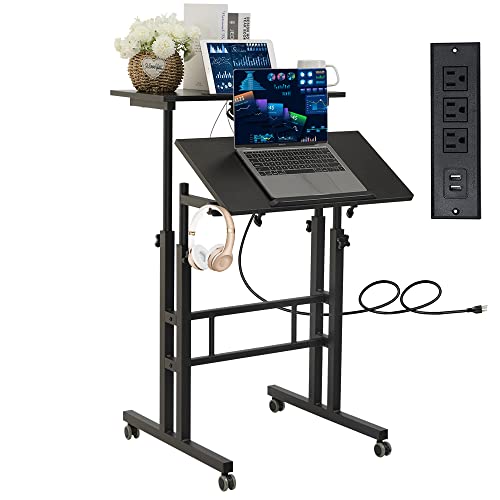 Hadulcet Mobile Standing Desk with Charging Station, Adjustable Standing Computer Desk, Standing Adjustable Laptop Cart with Wheels for Home Office Classroom Black