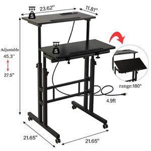 Hadulcet Mobile Standing Desk with Charging Station, Adjustable Standing Computer Desk, Standing Adjustable Laptop Cart with Wheels for Home Office Classroom Black