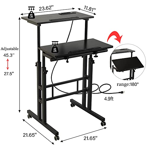 Hadulcet Mobile Standing Desk with Charging Station, Adjustable Standing Computer Desk, Standing Adjustable Laptop Cart with Wheels for Home Office Classroom Black