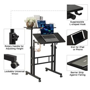 Hadulcet Mobile Standing Desk with Charging Station, Adjustable Standing Computer Desk, Standing Adjustable Laptop Cart with Wheels for Home Office Classroom Black