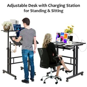 Hadulcet Mobile Standing Desk with Charging Station, Adjustable Standing Computer Desk, Standing Adjustable Laptop Cart with Wheels for Home Office Classroom Black