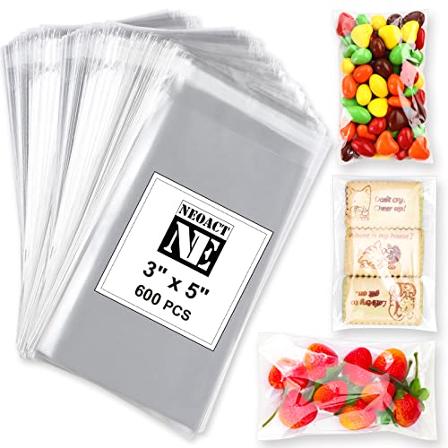 600 Pcs Small Cellophane Bags 3x5", Clear Resealable Cellophane, Self Sealing Bags for Candy Bakery Snacks Cookie Jewelry,Cello Bags for Party Decorative Gift.