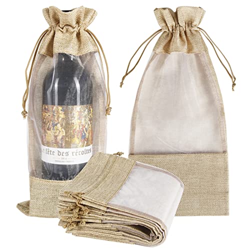 HRX Package 10pcs Burlap Wine Bags with Sheer Window, Hessian Cloth Bottle Gift Bags with Drawstring for Christmas Holiday Wedding Party