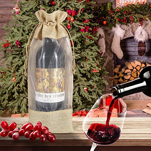 HRX Package 10pcs Burlap Wine Bags with Sheer Window, Hessian Cloth Bottle Gift Bags with Drawstring for Christmas Holiday Wedding Party