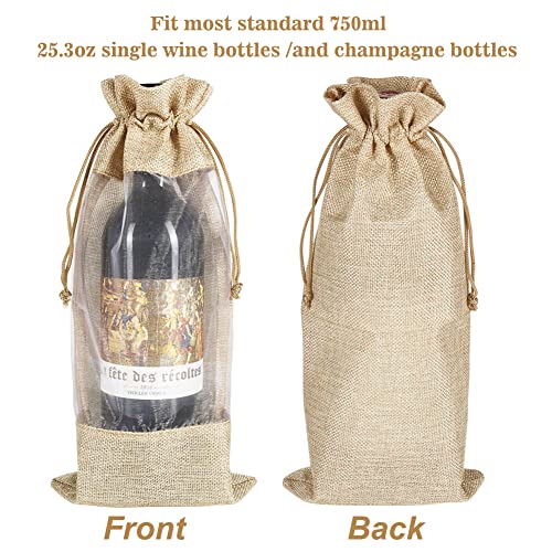 HRX Package 10pcs Burlap Wine Bags with Sheer Window, Hessian Cloth Bottle Gift Bags with Drawstring for Christmas Holiday Wedding Party