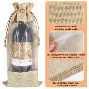 HRX Package 10pcs Burlap Wine Bags with Sheer Window, Hessian Cloth Bottle Gift Bags with Drawstring for Christmas Holiday Wedding Party