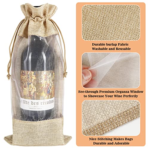 HRX Package 10pcs Burlap Wine Bags with Sheer Window, Hessian Cloth Bottle Gift Bags with Drawstring for Christmas Holiday Wedding Party