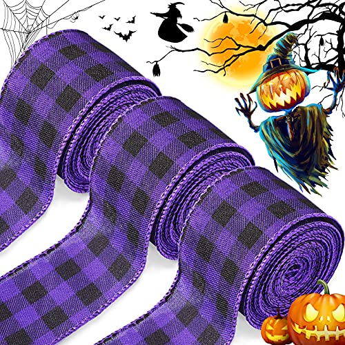 3 Rolls 15 Yards 2 Inches Halloween Plaid Wired Ribbons Buffalo Check Ribbon Fall Rustic Craft Ribbon Assorted Burlap Style Fabric Wrapping Ribbon for Decorations (Black, Purple Plaid)