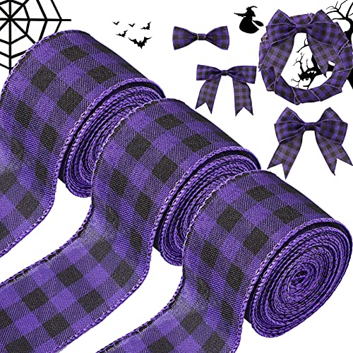 3 Rolls 15 Yards 2 Inches Halloween Plaid Wired Ribbons Buffalo Check Ribbon Fall Rustic Craft Ribbon Assorted Burlap Style Fabric Wrapping Ribbon for Decorations (Black, Purple Plaid)