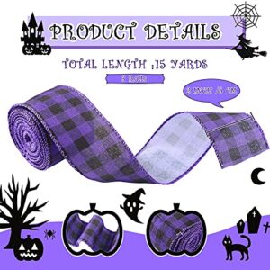 3 Rolls 15 Yards 2 Inches Halloween Plaid Wired Ribbons Buffalo Check Ribbon Fall Rustic Craft Ribbon Assorted Burlap Style Fabric Wrapping Ribbon for Decorations (Black, Purple Plaid)