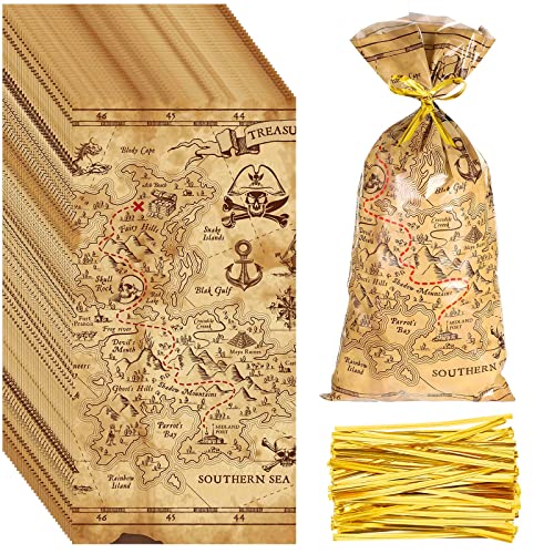 100 Pieces Pirate Party Cello Bags Pirate Treat Bags Goodie Treasure Map Island Treat Bags for Pirate Party Favors Supplies with Gold Twist Ties…