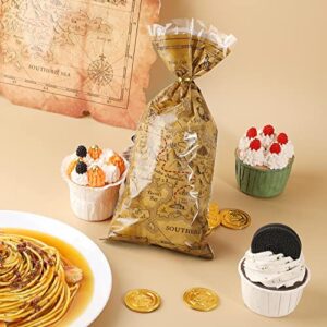 100 Pieces Pirate Party Cello Bags Pirate Treat Bags Goodie Treasure Map Island Treat Bags for Pirate Party Favors Supplies with Gold Twist Ties…