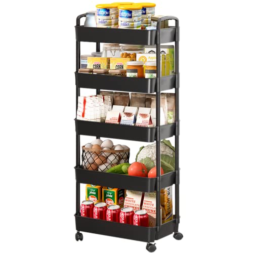 5-Tier Rolling Cart, with 360° Rolling Lockable Wheels and Handle, Multipurpose Utility Cart, Multifunctional Detachable Utility Storage Cart for Kitchen Living Room Office-Black