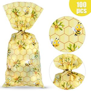 100 Pieces Bees Cellophane Bags Bees Candy Bags Bees Goodie Bags Bees Party Treat Bags with 150 Pieces Gold Twist Ties for Party Favors