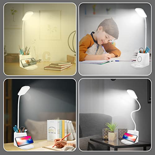 LED Desk Lamp with Wireless Charger and Organizer,Home Office Touch Reading Lamp with Pen Holder/Storage,Stepless Dimming 3 Color Modes,360°Flexible Gooseneck Eye Caring Desk Light-Study/College Dorm