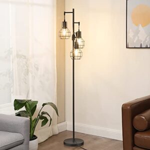 EDISHINE Industrial Floor Lamp, Dimmable Farmhouse Standing Lamp for Living Room, Sturdy Base, Rustic Tall Tree Reading Lamps Home Decor for Bedroom, Office, Black (3 LED Edison Bulbs Included)