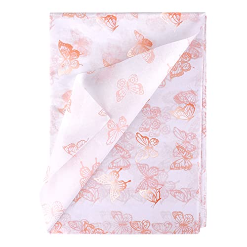 KINBOM 30pcs 35 x 50cm/ 13.8 x 19.7 inch Butterfly Tissue Paper, Rose Gold Wrapping Paper Metallic Packing Paper for DIY Crafts Baby Showers Birthday Wedding