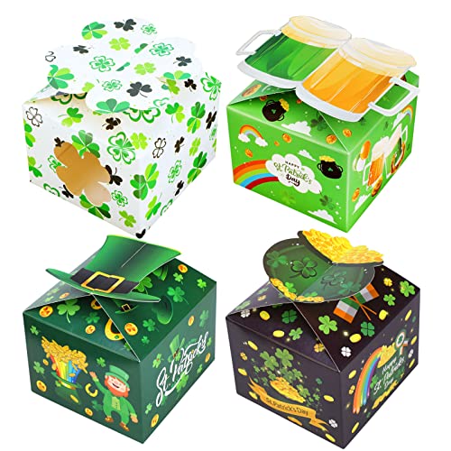 HOWAF 12 Pieces St. Patrick's Day Treat Boxes, Irish Candy Boxes Goodie Boxes for Kids, 4 Styles Green Party Favors Paper Boxes with Handle for Holiday St. Patrick's Day Irish Party Supplies Favors