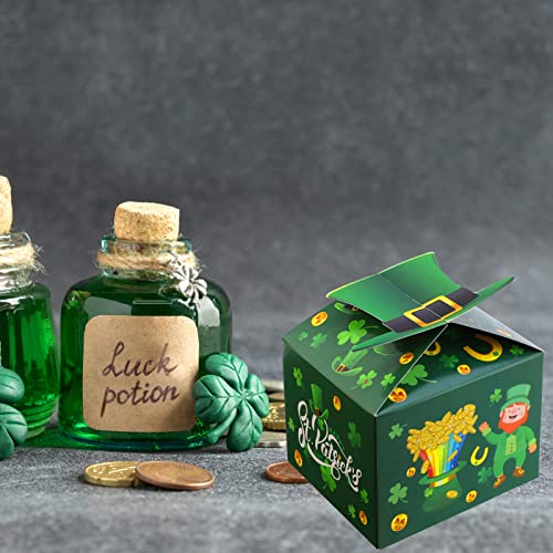 HOWAF 12 Pieces St. Patrick's Day Treat Boxes, Irish Candy Boxes Goodie Boxes for Kids, 4 Styles Green Party Favors Paper Boxes with Handle for Holiday St. Patrick's Day Irish Party Supplies Favors