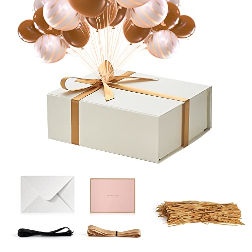 WCESS 1 Pack Magnetic Gift Box Set with Ribbon, Greeting Card, Shredded Paper Filler, 8.7x7x3.1 Inches White Gift Box with Lid for Present Birthday Party Favor Groomsman Bridesmaid Proposal Wedding