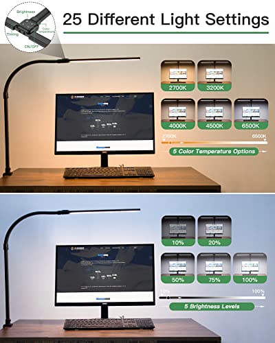 Dexnump 24W Desk Lamps for Home Office, 1200 Lumens Double Head Architect Desk Lamp with Clamp, Eye-Caring Computer Monitor Light (32 inch)