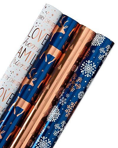 American Greetings Christmas Reversible Wrapping Paper Bundle, Snowflake, Reindeer, Holiday Text (4 Rolls, 80 sq. ft.)