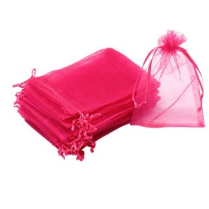 dealglad 100pcs organza bags 4×6 inch, hot pink small jewelry bags drawstring mesh gift bags wedding party favor christmas candy pouches