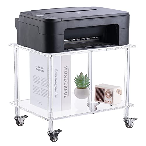 HMYHUM Acrylic Printer Stand - 2-Tier Under Desk Printer Table with Wheels - Multifunctional Rolling Cart for Office & Home, Clear