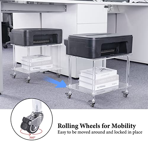 HMYHUM Acrylic Printer Stand - 2-Tier Under Desk Printer Table with Wheels - Multifunctional Rolling Cart for Office & Home, Clear