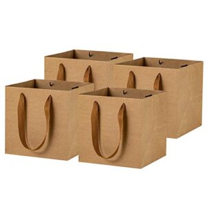 7.8inch square brown kraft paper bags flowers gift bags with ribbon handles,pack of 12