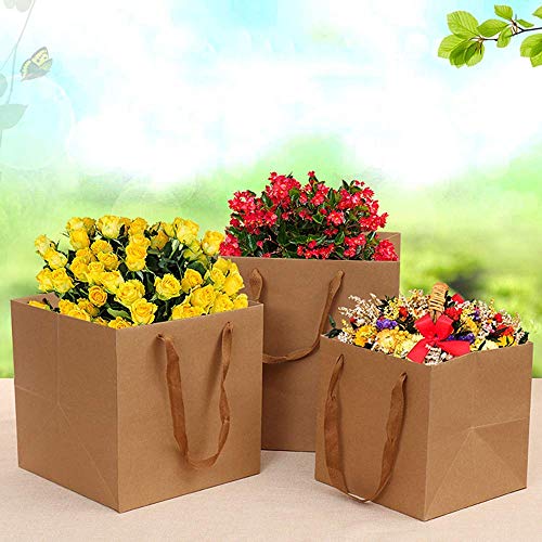 7.8inch Square Brown Kraft Paper Bags Flowers Gift Bags with Ribbon Handles,Pack of 12