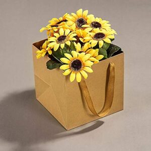 7.8inch Square Brown Kraft Paper Bags Flowers Gift Bags with Ribbon Handles,Pack of 12