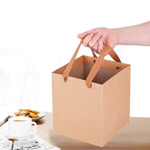 7.8inch Square Brown Kraft Paper Bags Flowers Gift Bags with Ribbon Handles,Pack of 12